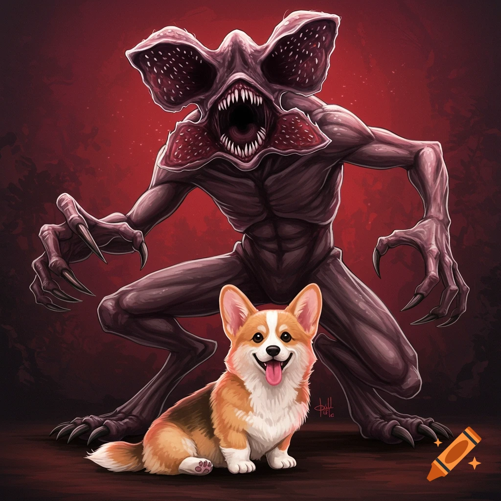 A creature from Stranger Things is looming behind a smiling corgi dog ...