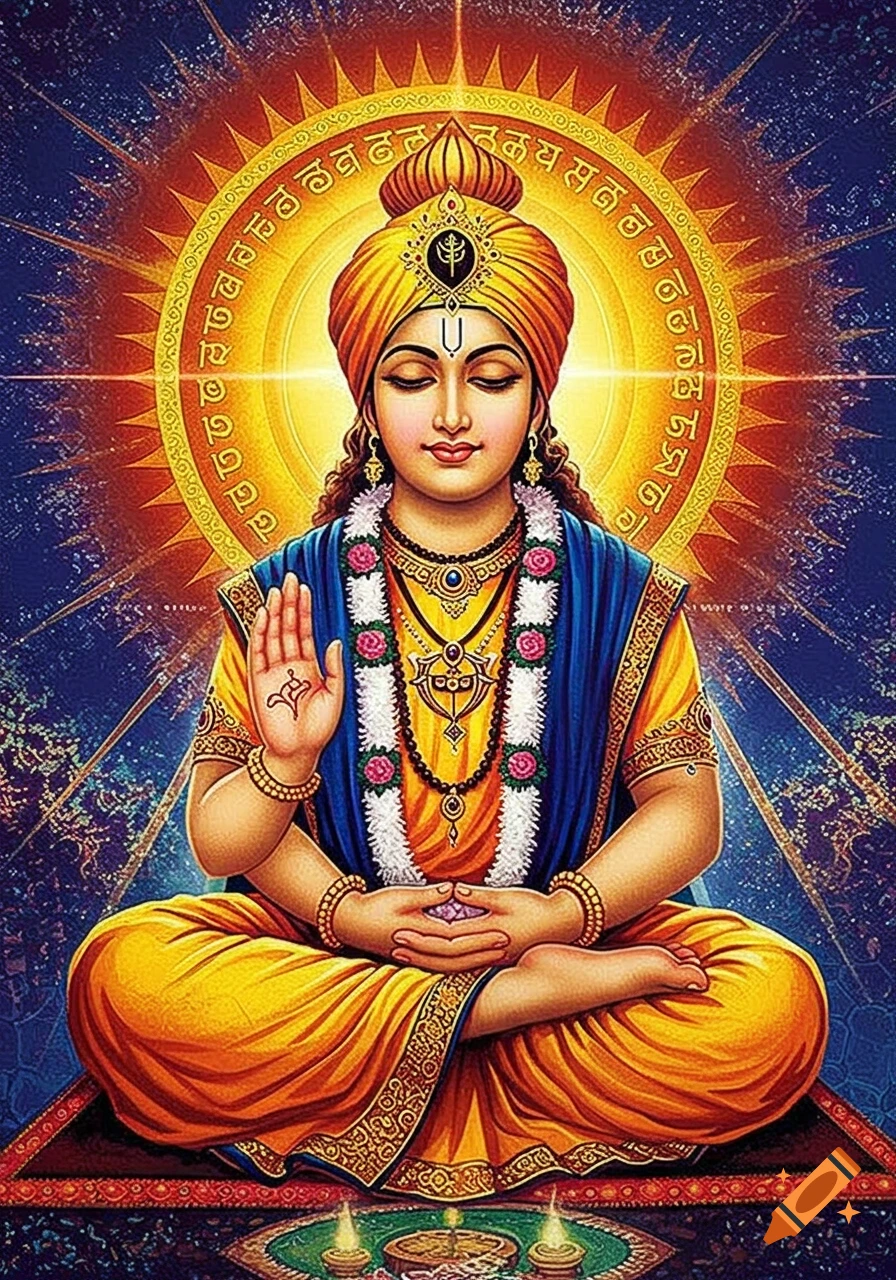 A spiritual figure in meditation pose with a golden halo, wearing ...