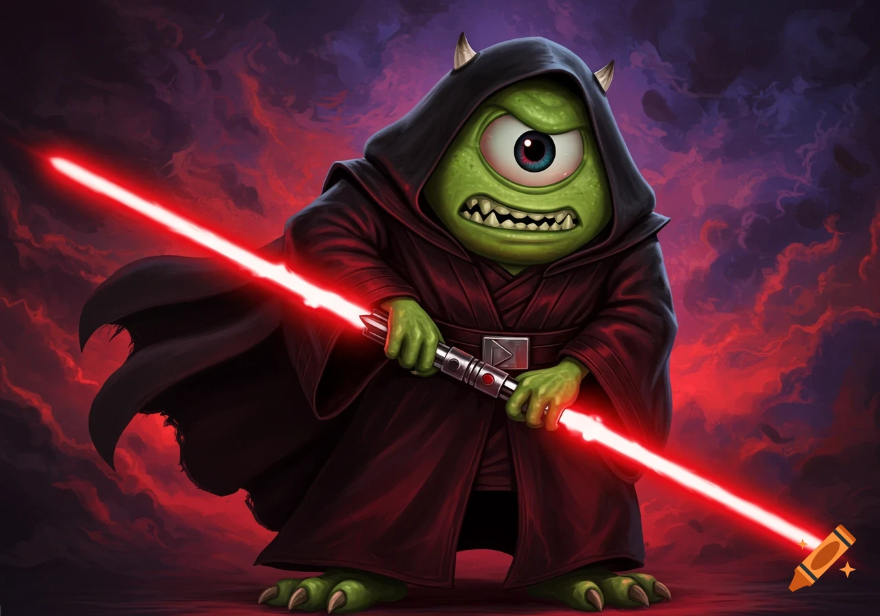 Mike Wazowski from Monsters Inc. depicted as a Sith from Star Wars, holding a red lightsaber and ...