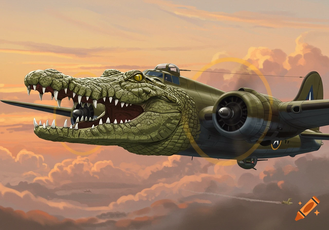 Illustration of a bomber plane with a crocodile head flying through a ...