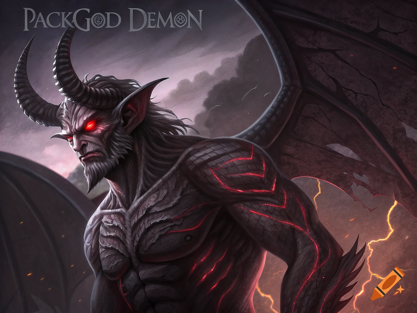 A muscular demon with horns, wings, red eyes, and glowing red markings ...