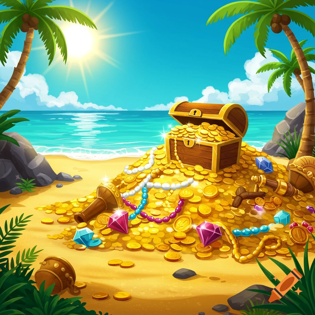 Beach scene with treasure chest and mound of gold on Craiyon