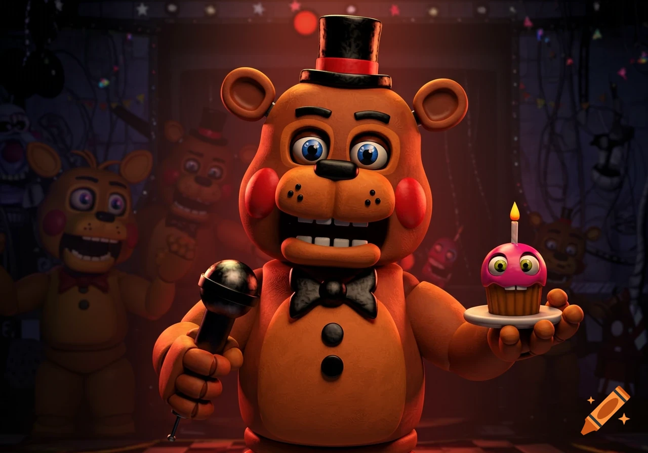Toy animatronic bear holding a microphone and cupcake with a candle in ...