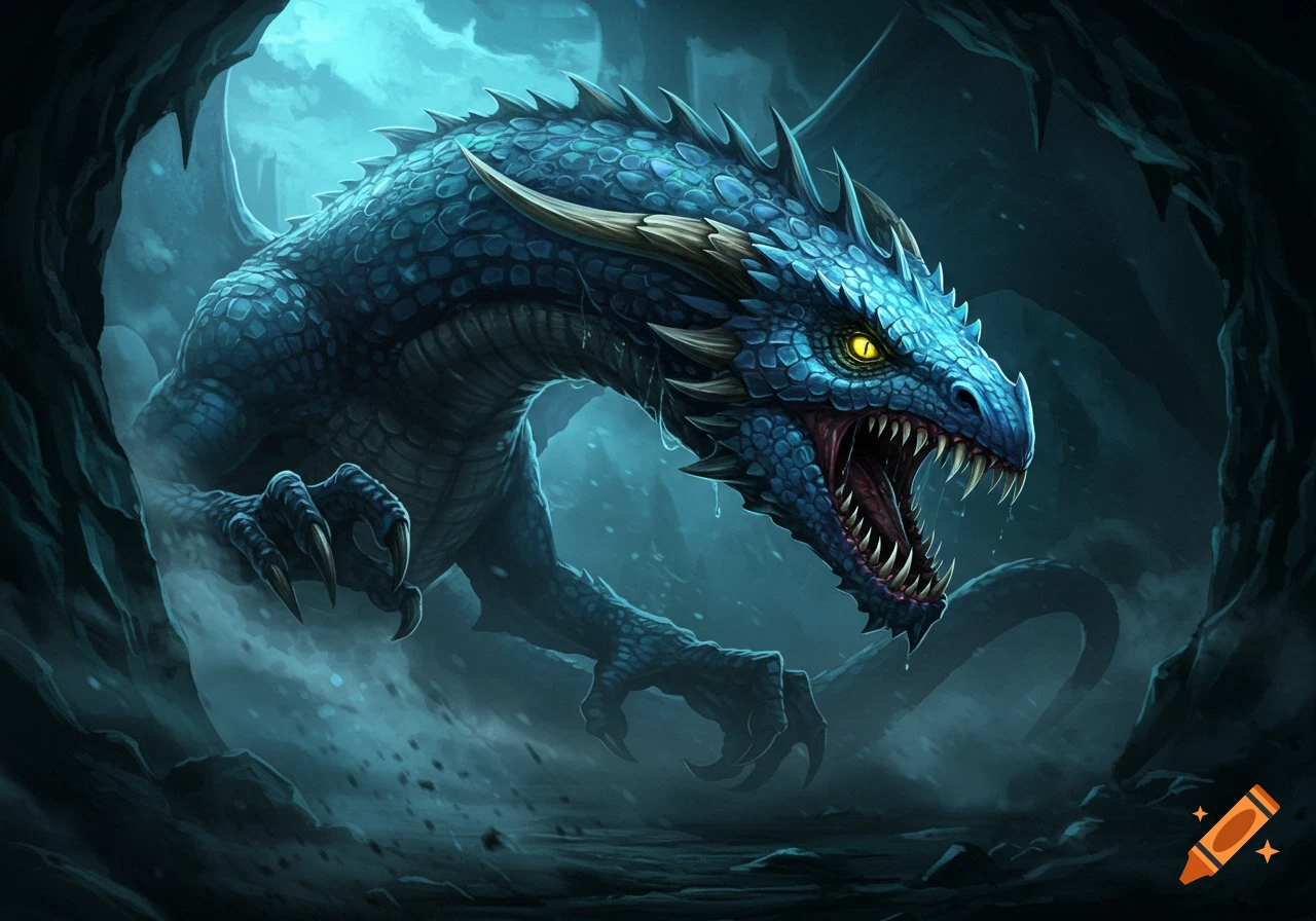 A blue dragon emerges from a dark, foggy cave. on Craiyon