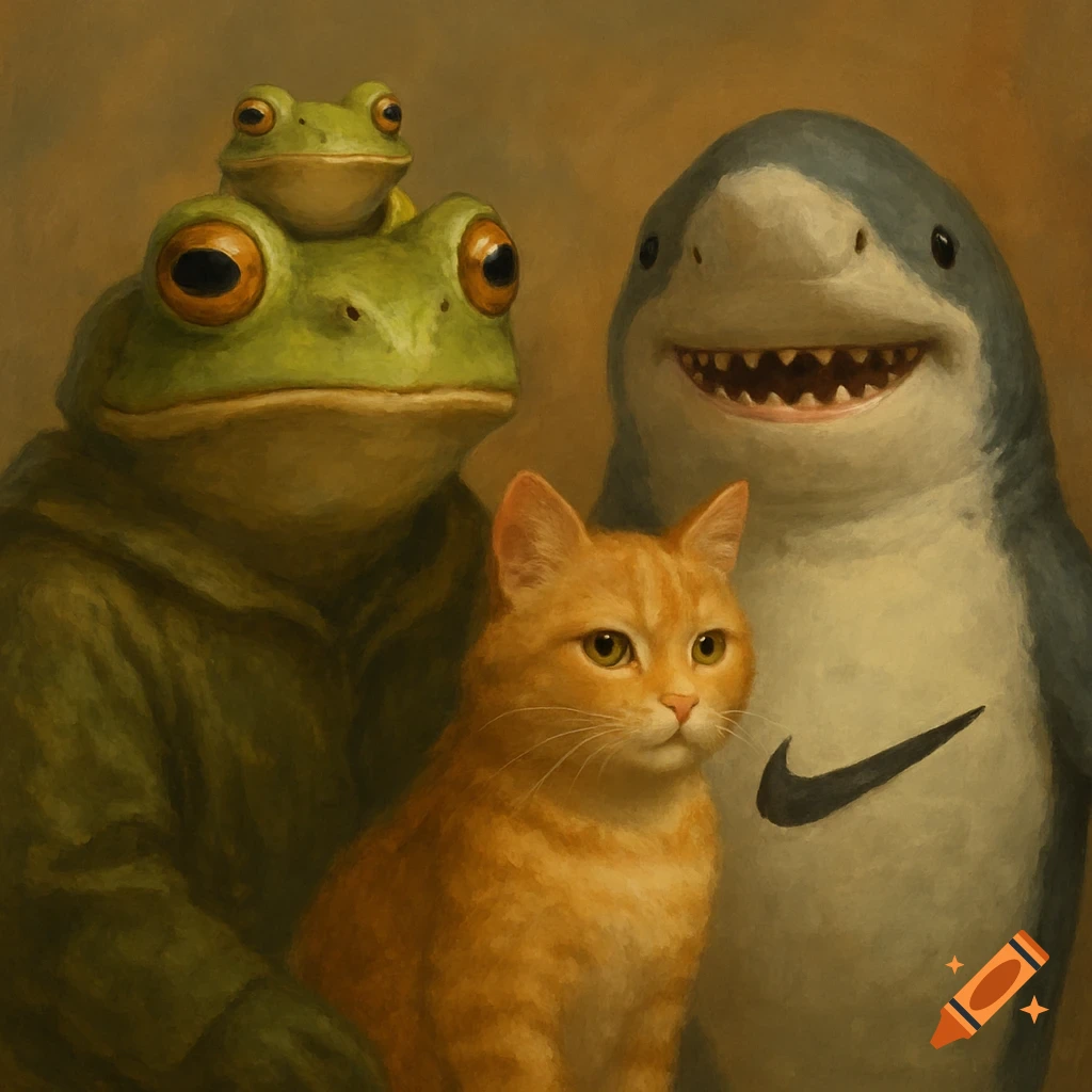 A painted portrait of a large frog with a smaller frog on its head, an ...