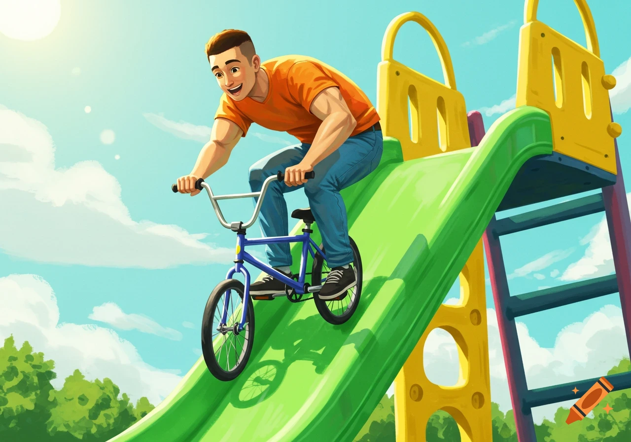 A man rides a blue BMX bike down a green playground slide on a sunny ...