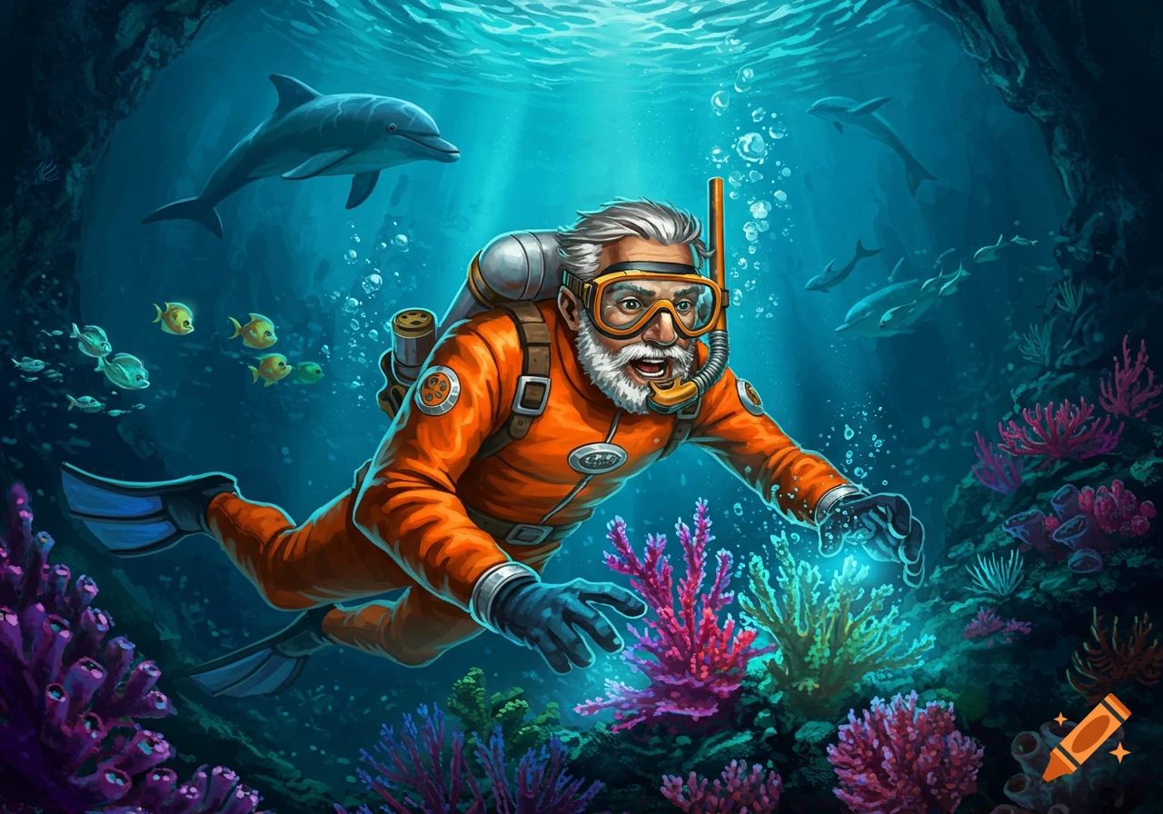 An old man in an orange diving suit swimming underwater with dolphins ...