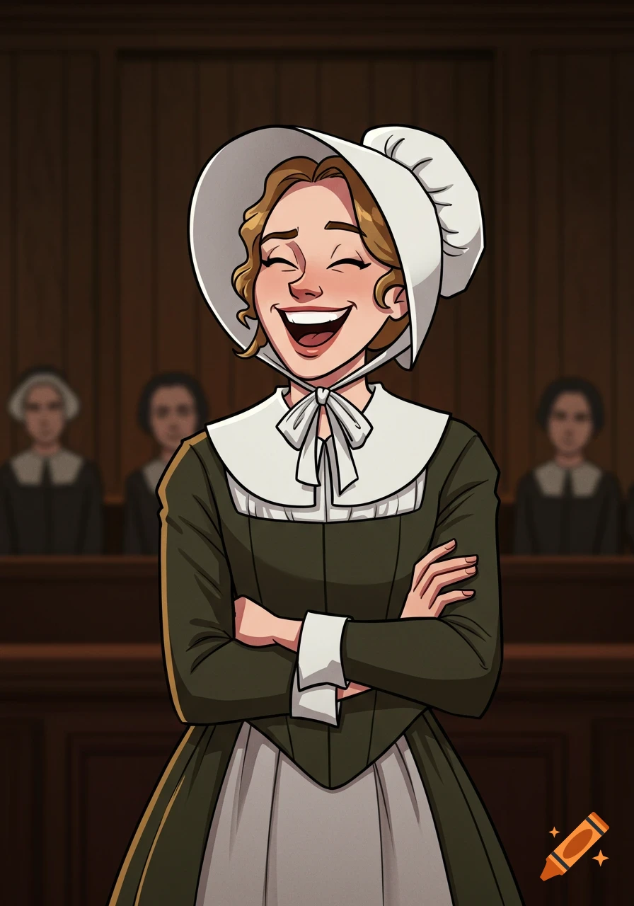 Cartoon woman in Puritan dress and bonnet laughing in a courtroom on Craiyon
