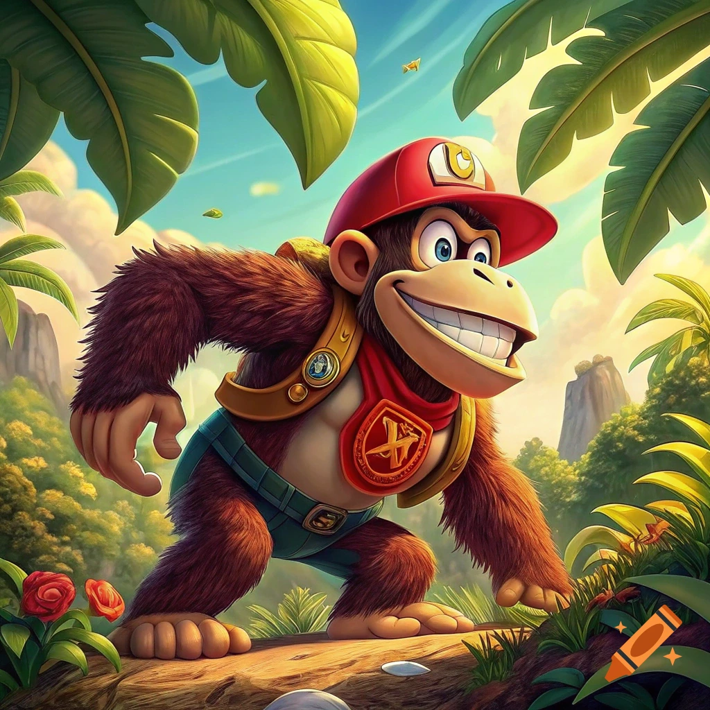 A cartoon monkey resembling Diddy Kong wearing a red cap and backpack ...
