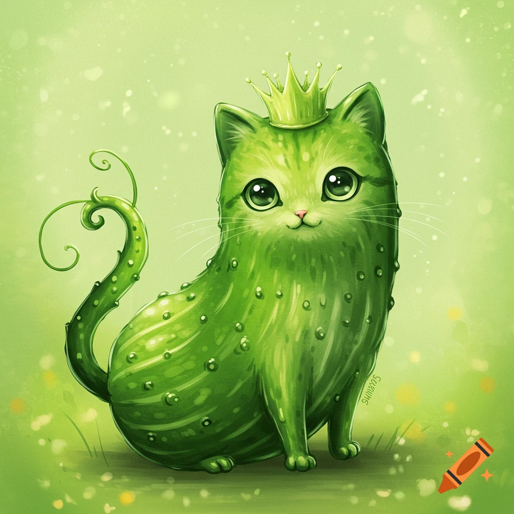 Cute cartoon illustration of a green cat with a cucumber body and tail ...