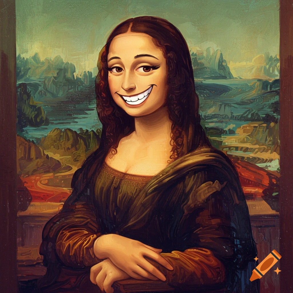 A humorous depiction of the Mona Lisa with a wide, goofy grin, in a ...