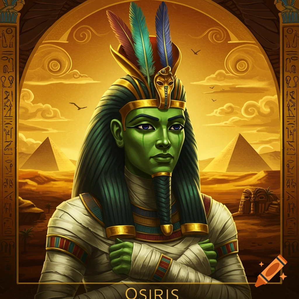 Digital painting of the Egyptian god Osiris, depicted with green skin ...