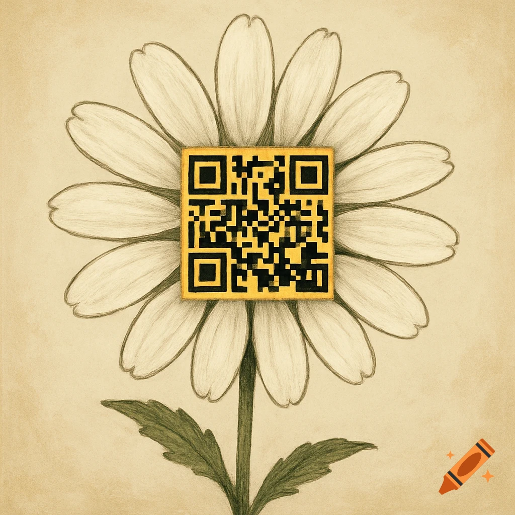 Pencil drawing of a daisy with a yellow QR code in the center. on Craiyon