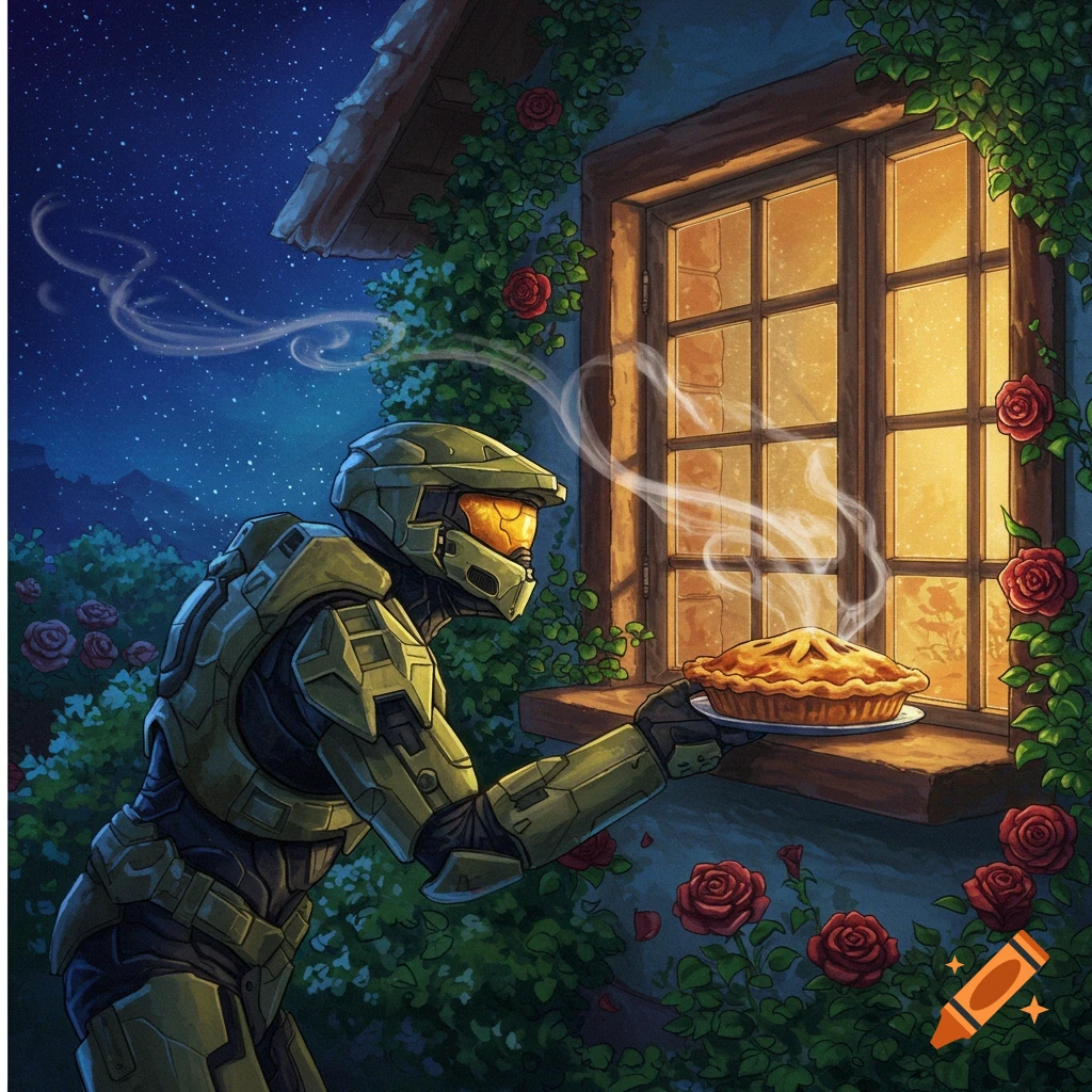 Master Chief holds a steaming pie up to a fairytale cottage window at ...