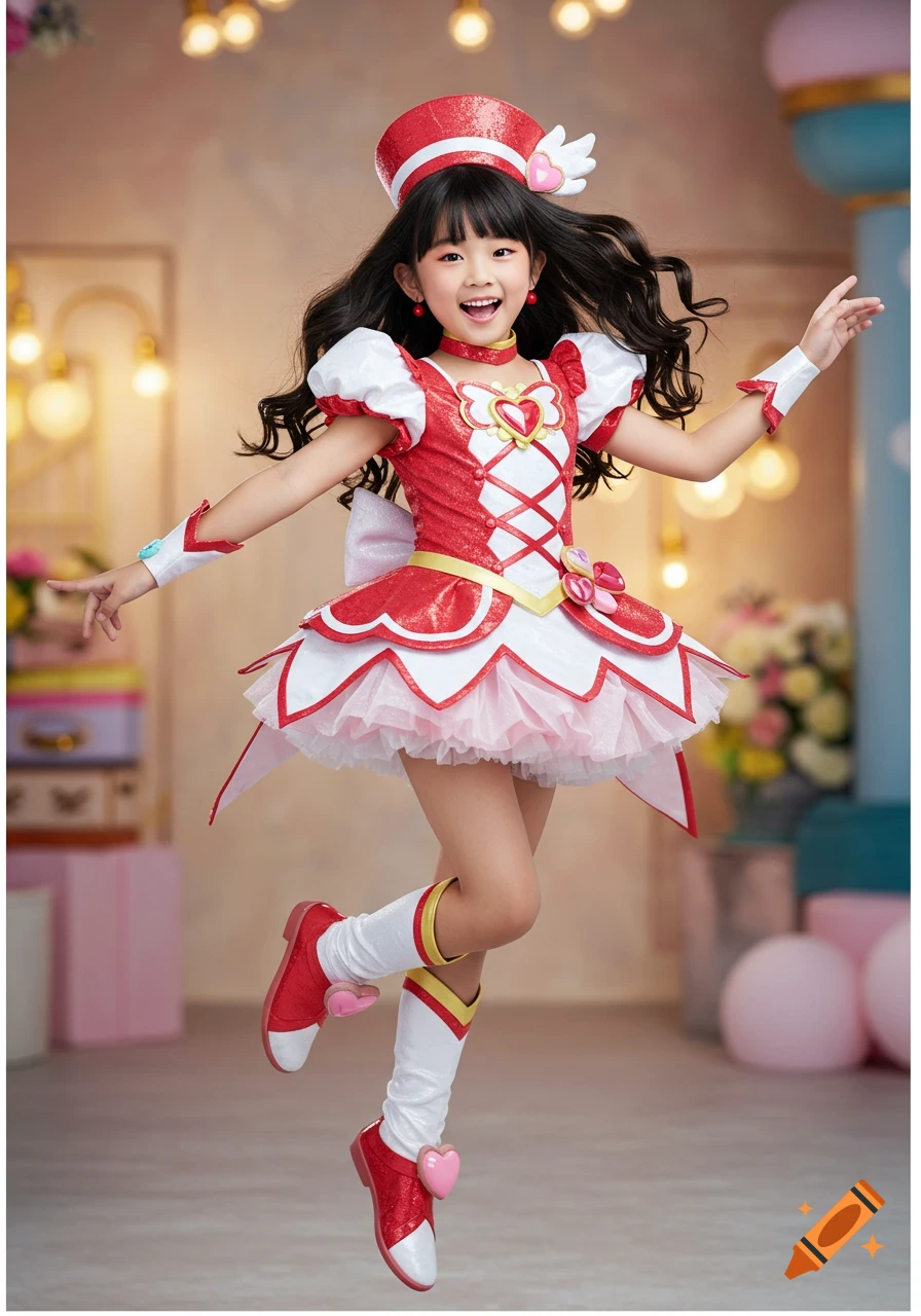 Girl in red and white magical girl costume, anime illustration style ...