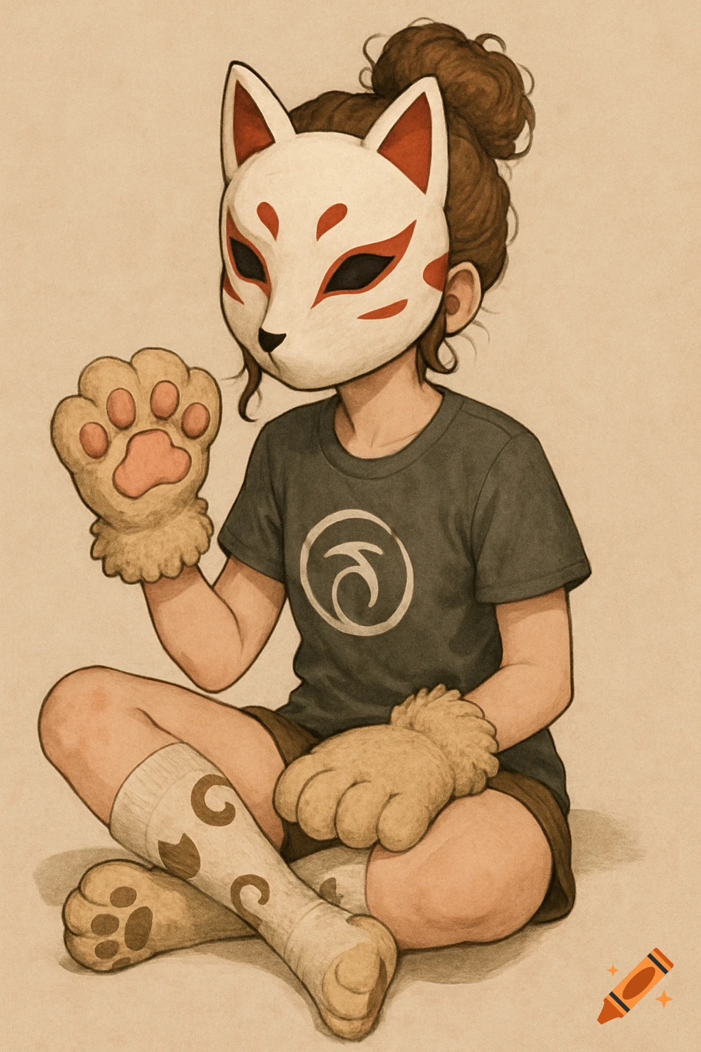 Illustration of person with kitsune mask, cat paw gloves & socks, and a ...