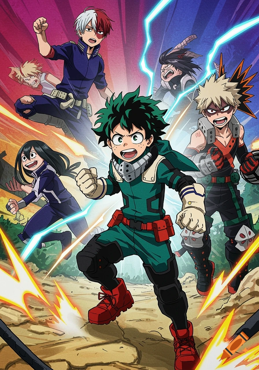 Anime characters in action poses from My Hero Academia. on Craiyon