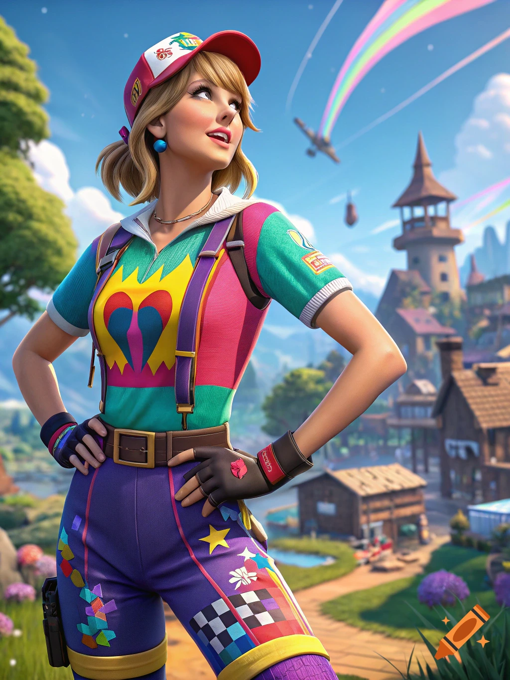 A young woman in a colorful outfit and red cap stands in a bright video ...