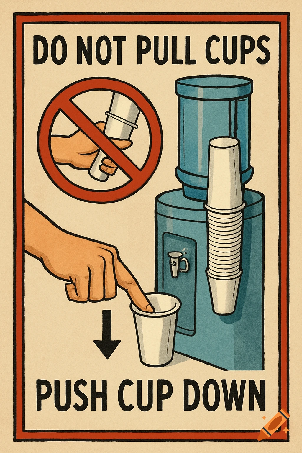 Instructional poster on how to get a cup from a water cooler dispenser ...
