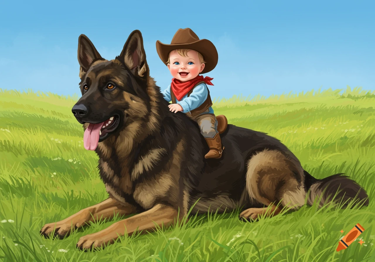 An illustration of a baby in a cowboy hat riding a large German Shepherd dog in a grassy field ...