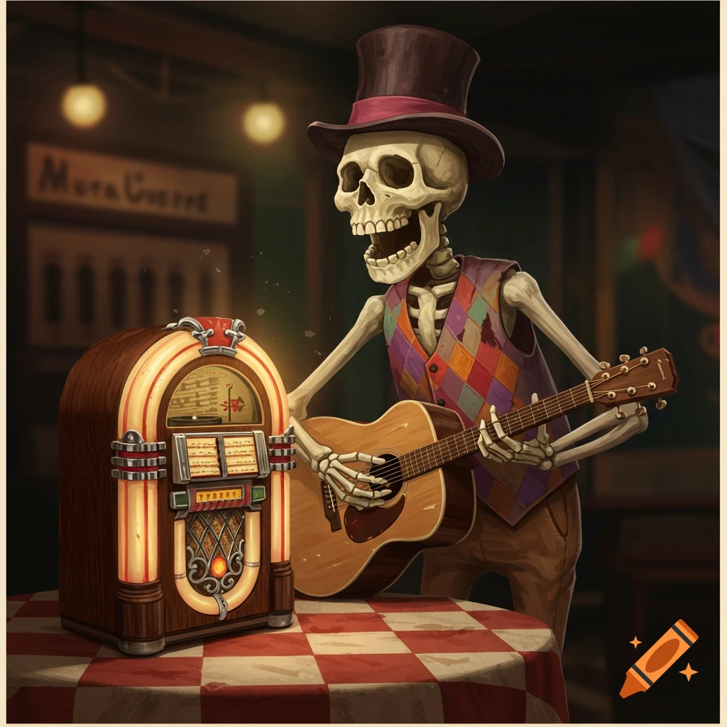 Skeleton playing guitar by jukebox on Craiyon