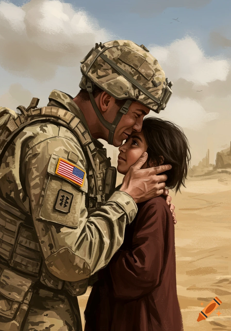 Illustration of an American soldier hugging a child in a desert. on Craiyon