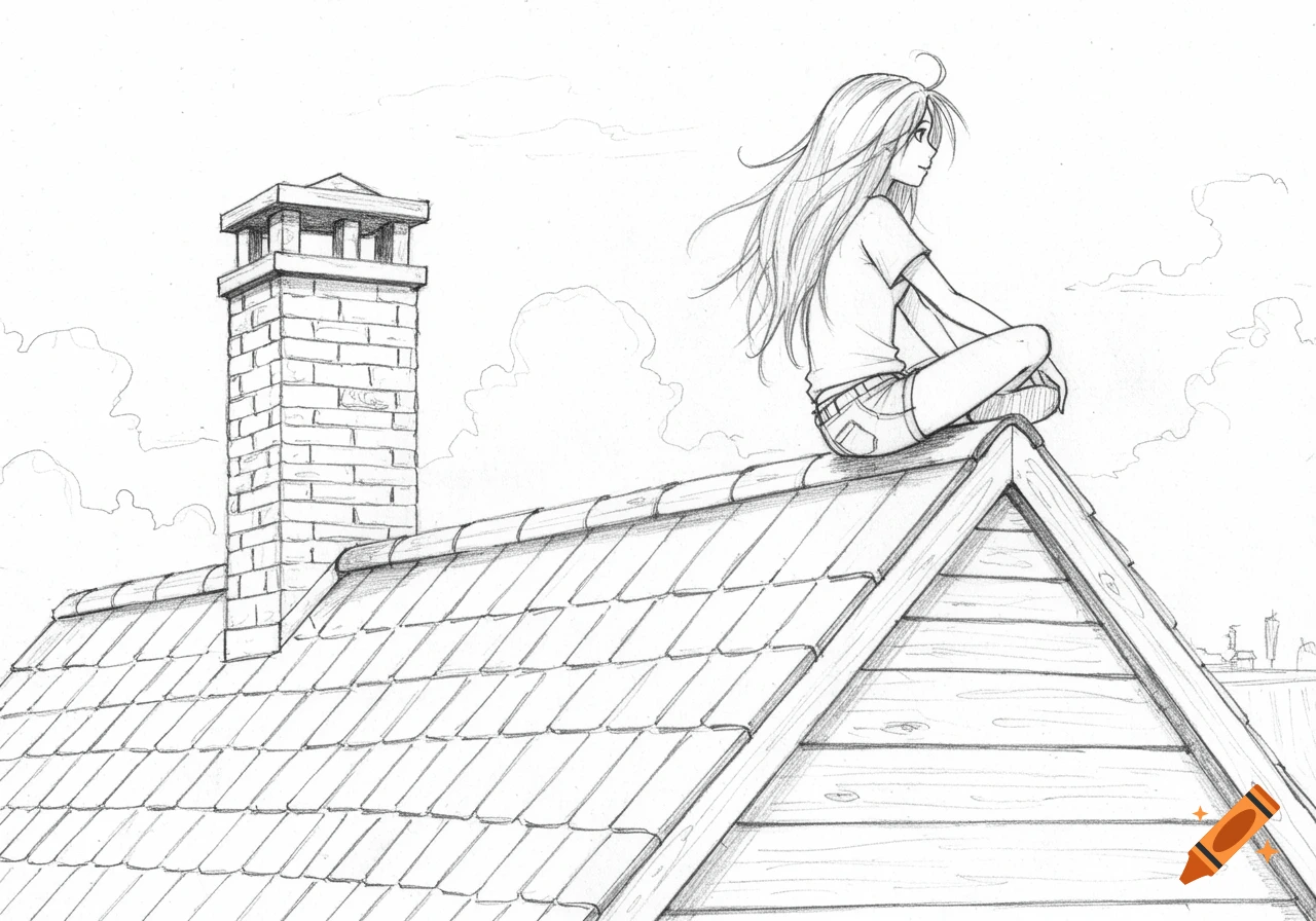 Pencil sketch of a girl sitting on a tiled roof looking into the ...