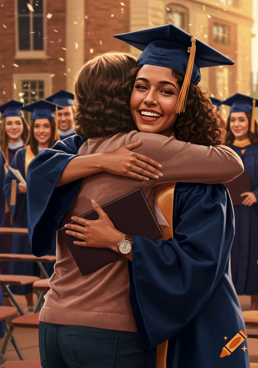 A smiling high school graduate in cap and gown celebrates as caps fly ...