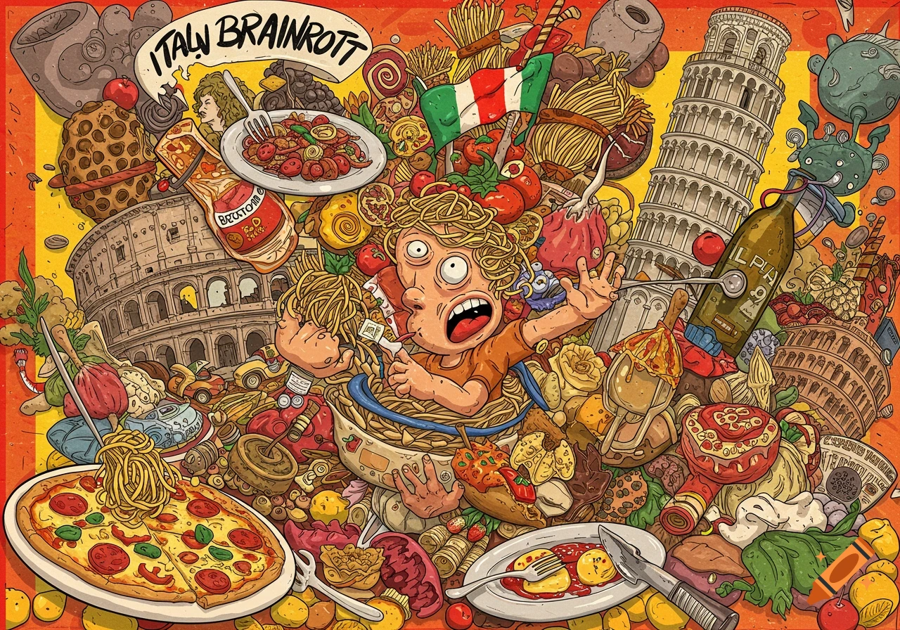 Chaotic cartoon painting packed with Italian food, landmarks, and a ...