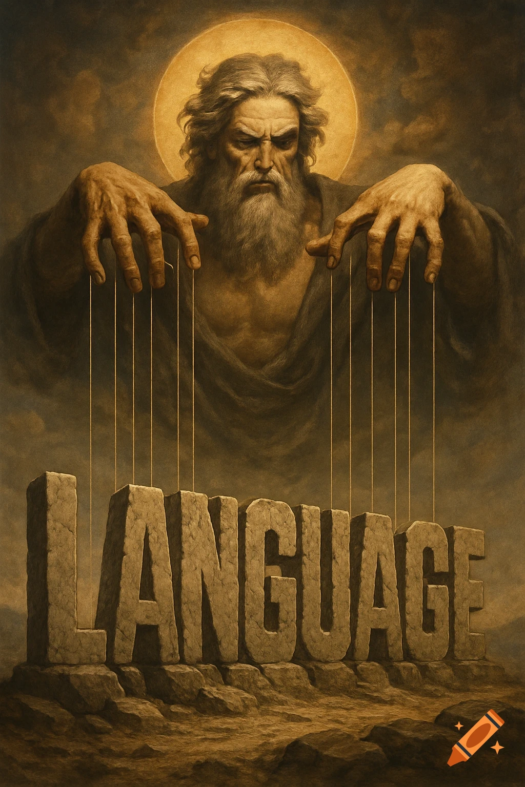 God-like puppet master controlling rock letters spelling LANGUAGE on ...