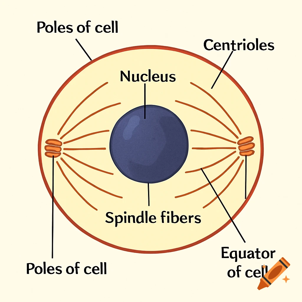 Diagram of a cell showing nucleus, centrioles, spindle fibers, poles ...