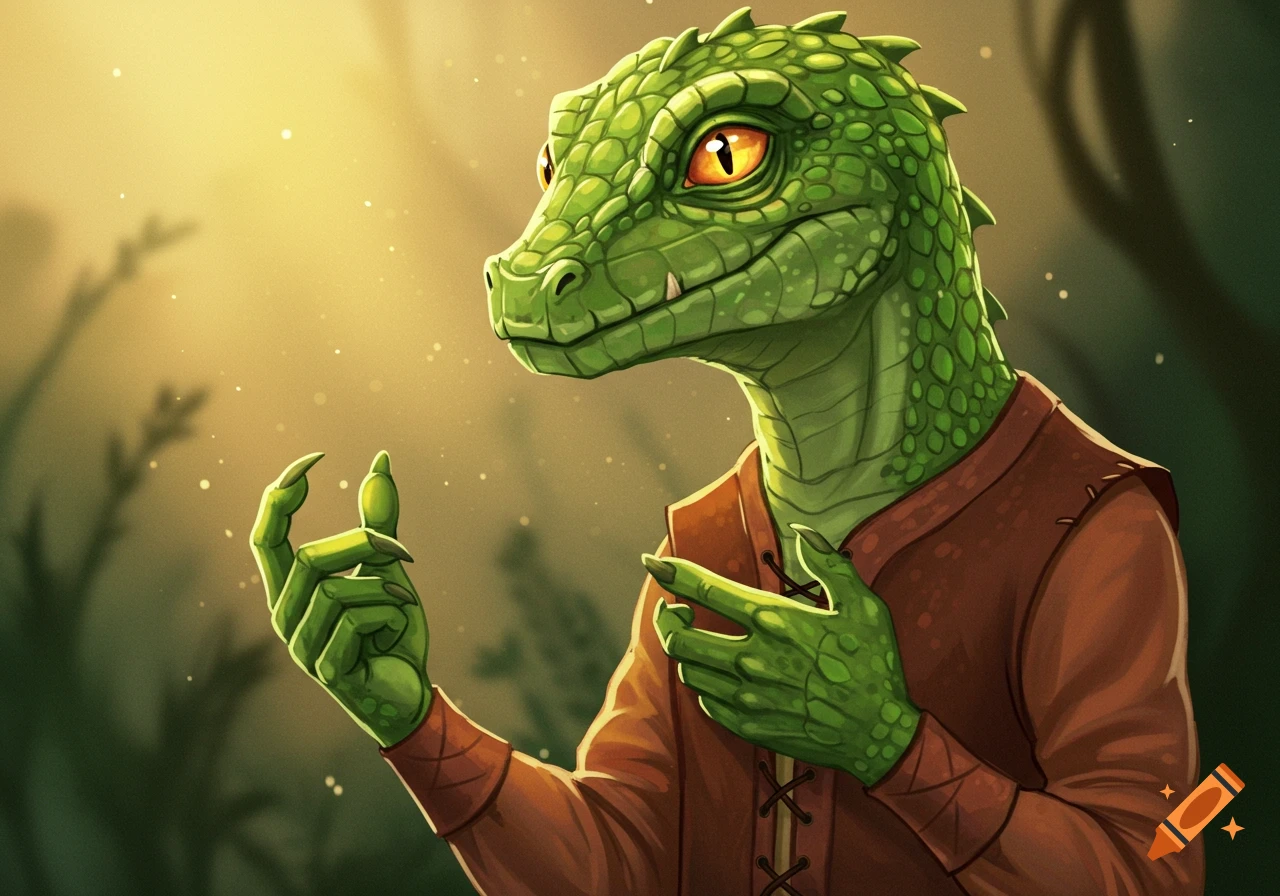 Illustration of a green lizardman character with glowing eyes gesturing ...