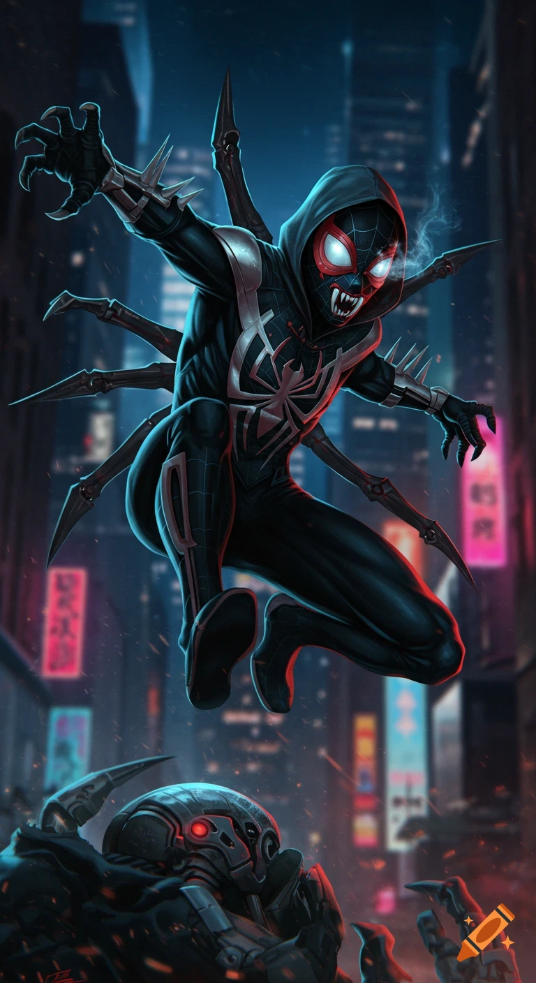 Vampire Spiderman Miles Morales 2099 fighting mecha villain in ...