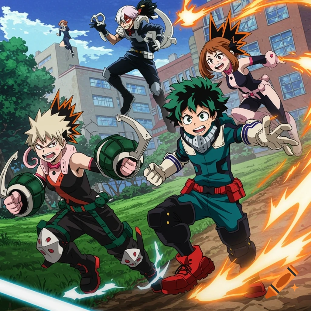 Anime style image of Bakugo and Deku on a beach. on Craiyon