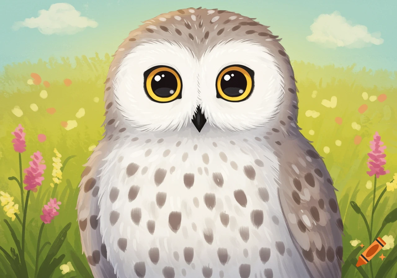 Friendly snowy owl cartoon for kids' storybook on Craiyon