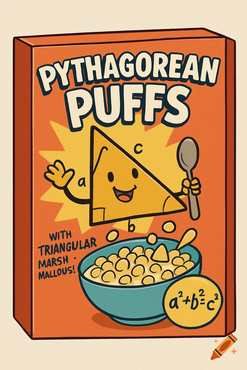 Cartoon illustration of a cereal box for "Pythagorean Puffs" with a ...