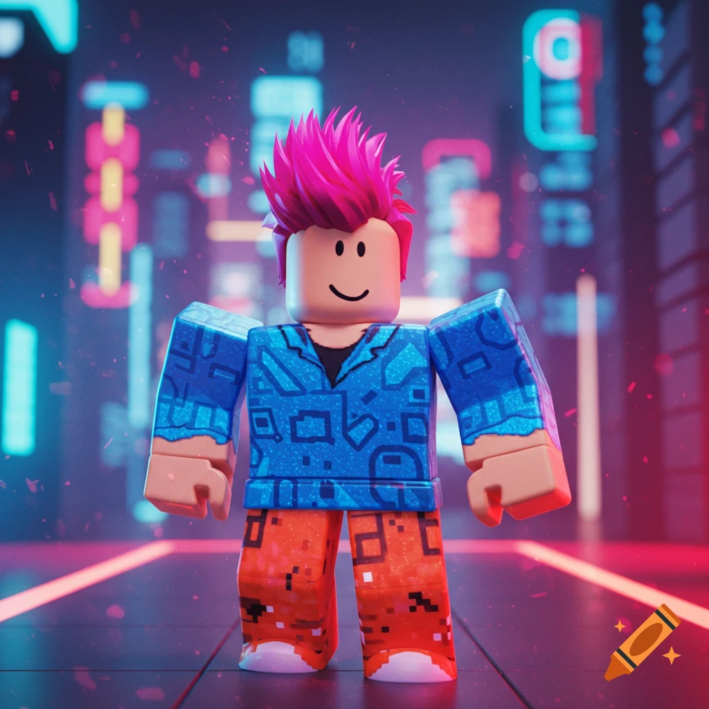 Roblox-style character with pink and blue hair and glasses in a ...