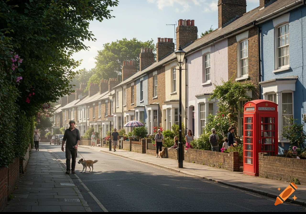 Sunlit street scene with terraced houses, people walking, a dog, and a ...