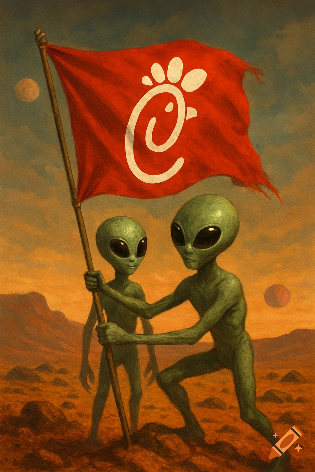 Chick-fil-A logo as aliens on Mars flag on Craiyon
