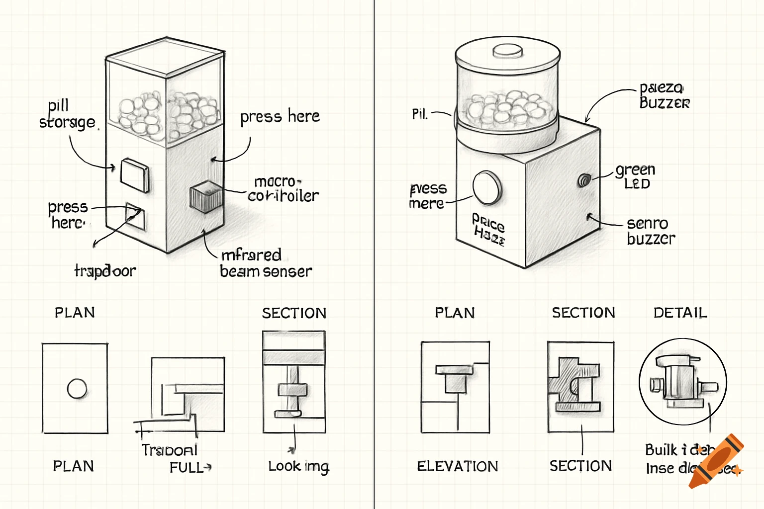 Annotated engineering sketches of two dispenser designs with trapdoor ...