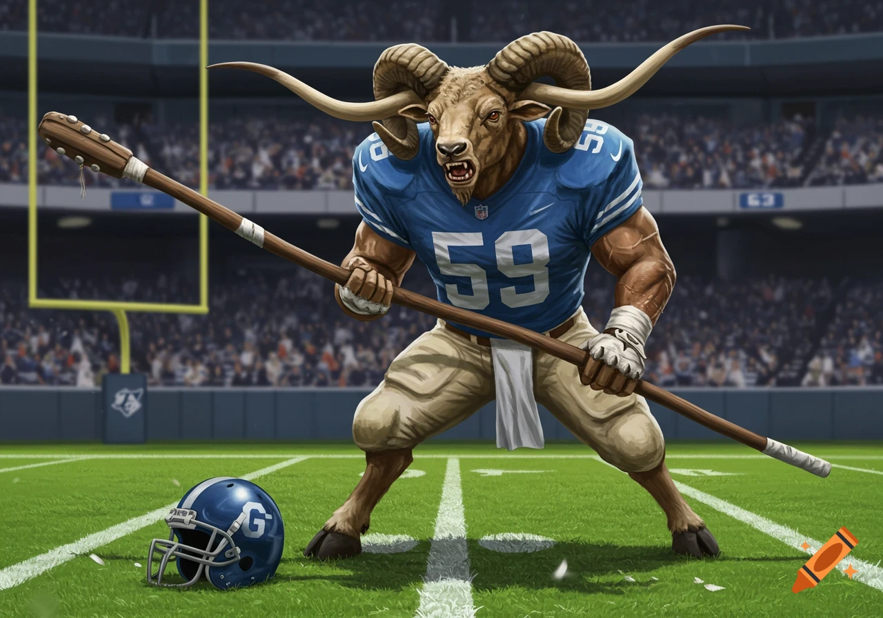 An illustrated ram creature in a football jersey holding a staff stands ...