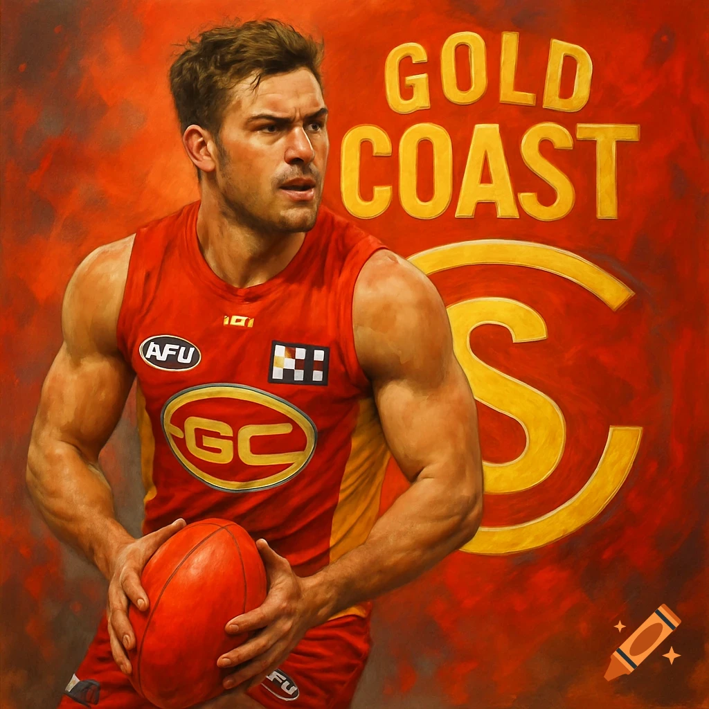 A Gold Coast Suns AFL player is holding a ball on Craiyon