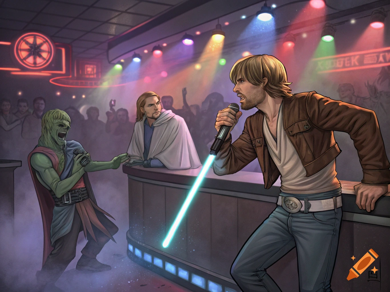 Luke Skywalker sings with a lightsaber mic in a nightclub as Aragorn ...
