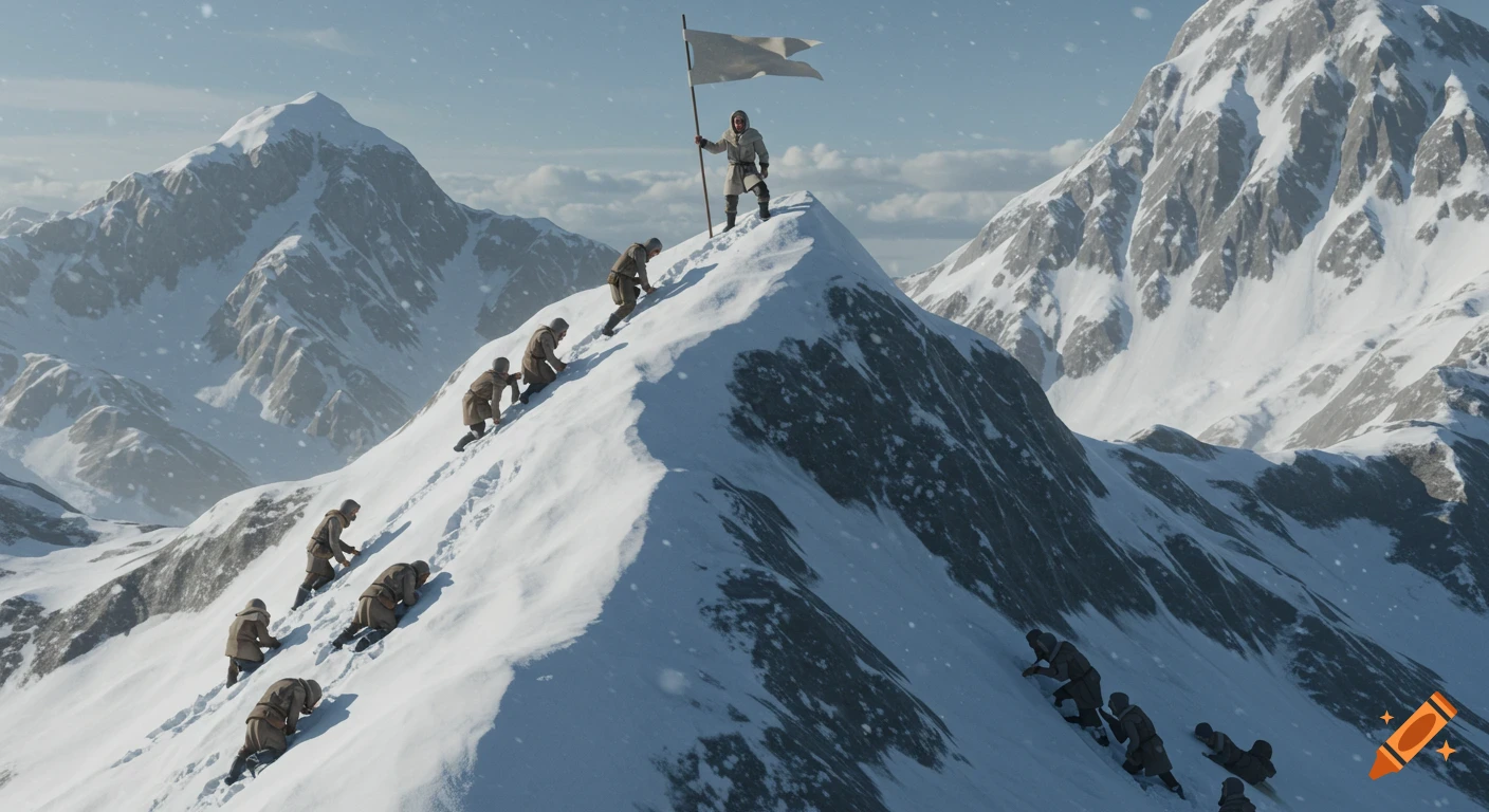 3D render of climbers ascending a snowy mountain towards a leader with ...