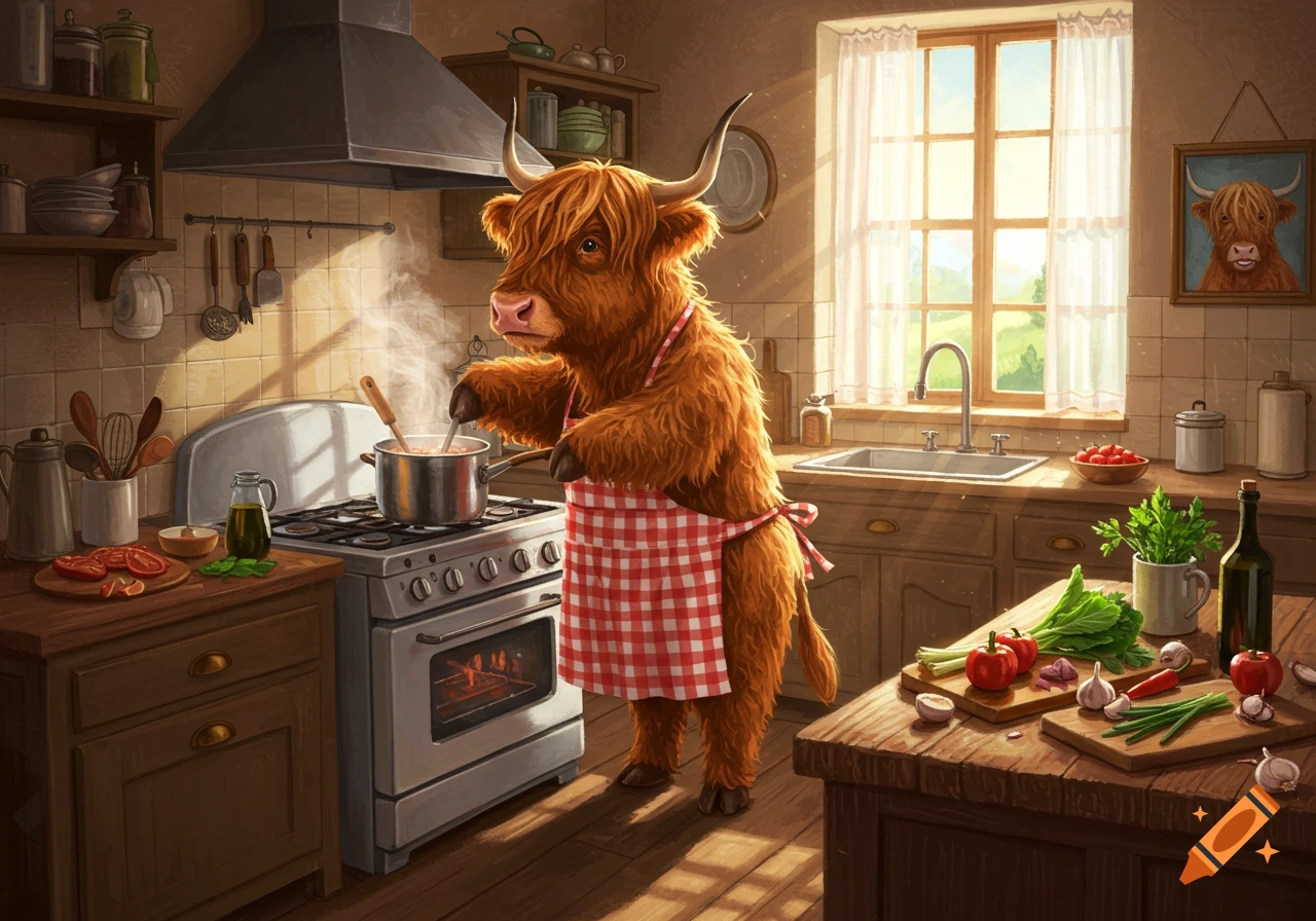 A cute cartoon panda chef stirring a pot on a stove in a bright, cozy ...