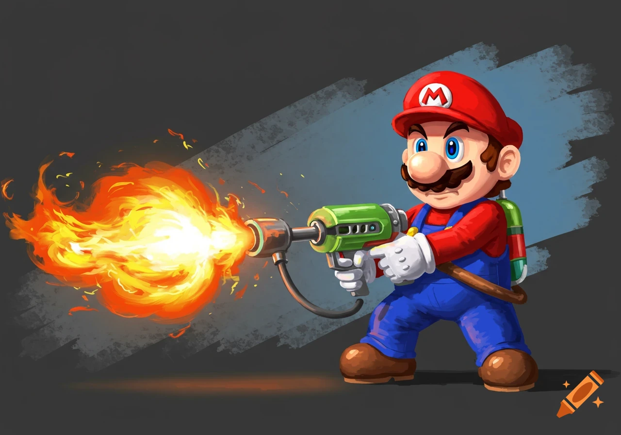 Mario firing a flamethrower on Craiyon
