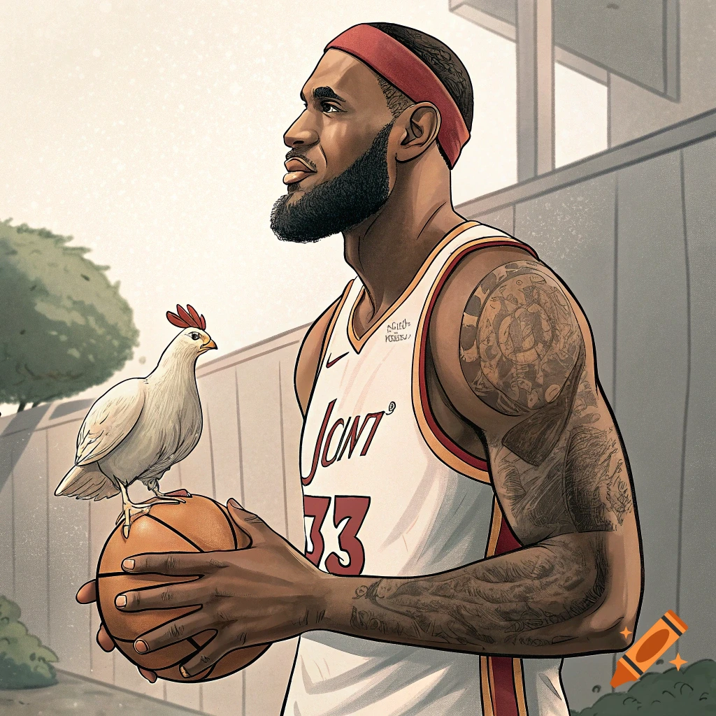 Illustration of a basketball player holding a ball with a chicken ...