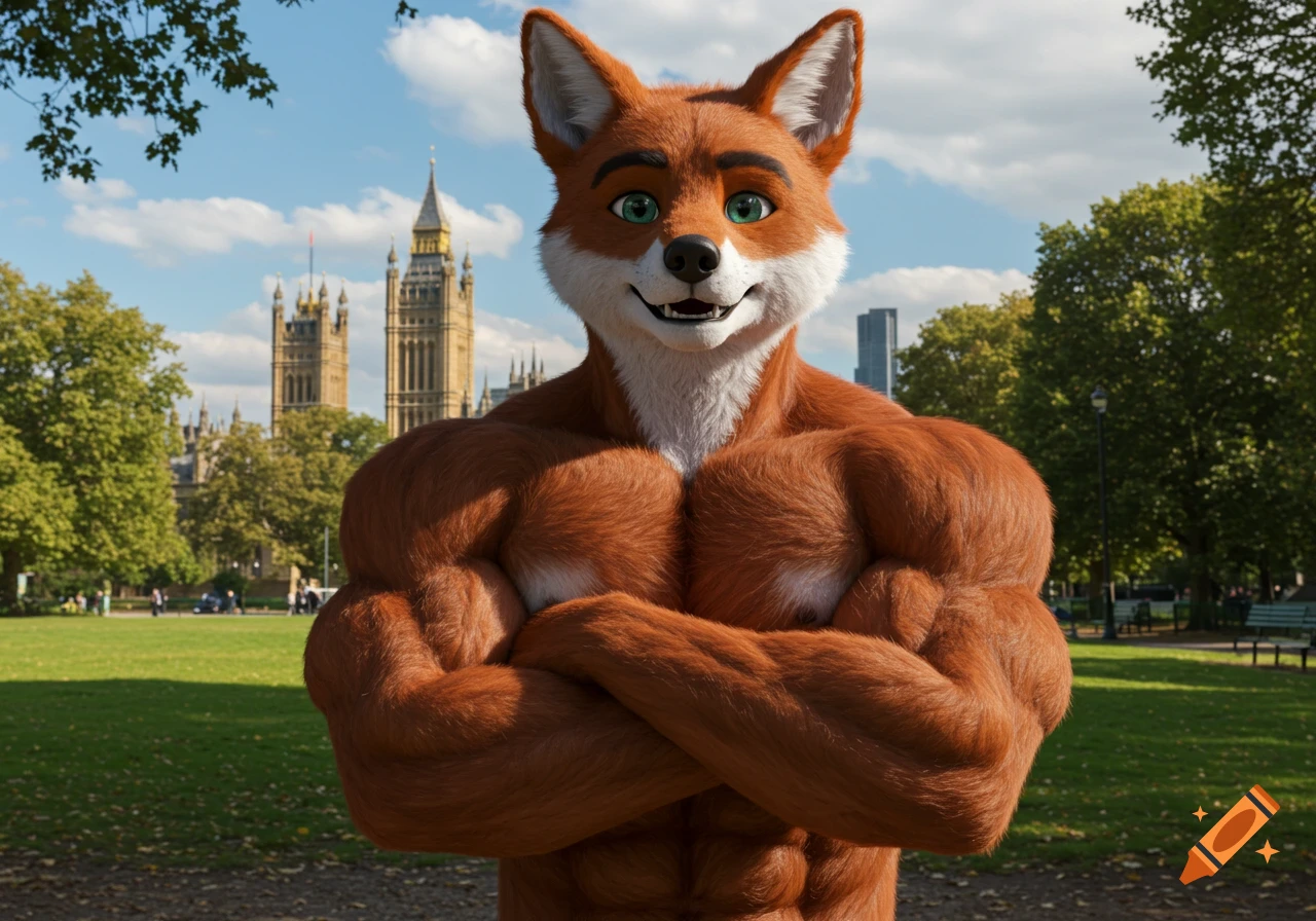 Muscular anthropomorphic red fox smiling in London park on Craiyon