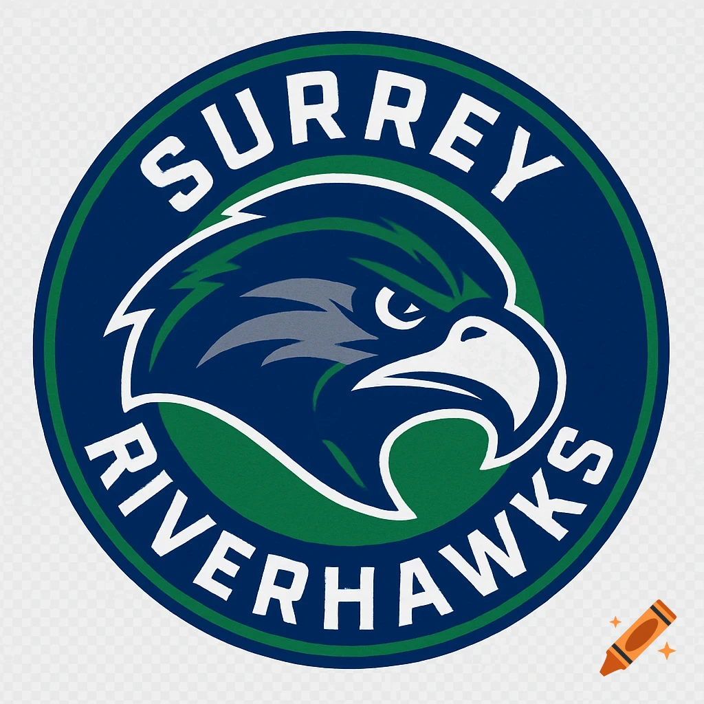 Blue and green circular sports logo with a Riverhawk bird head and the ...