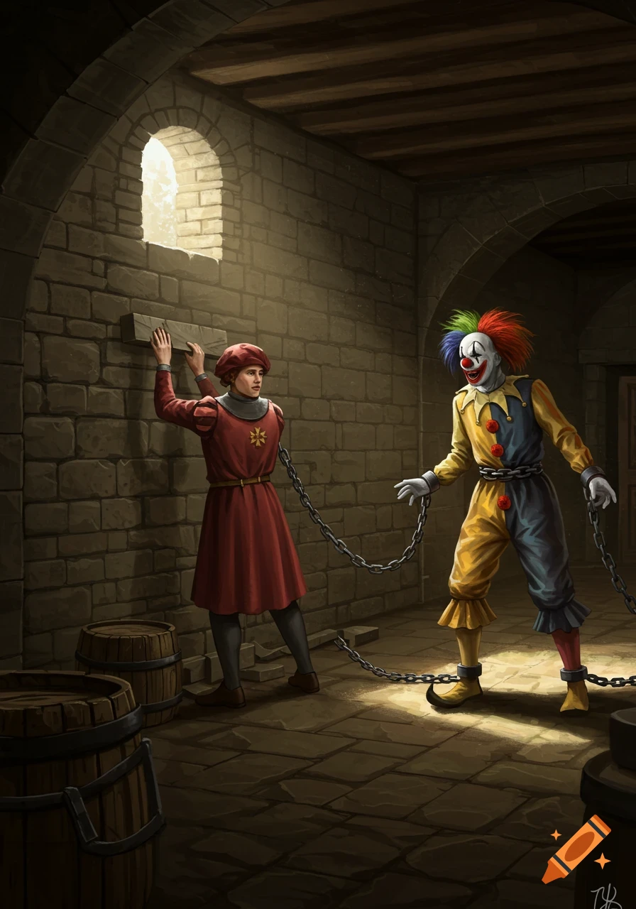 A person in medieval clothes chained to a clown in a cellar. on Craiyon
